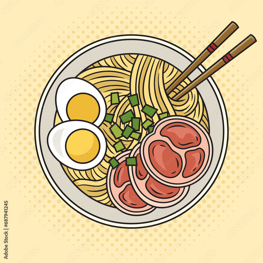 Ramen japanese noodle soup pinup pop art retro hand drawn raster ...