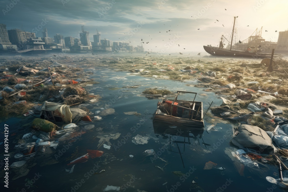 Garbage dump in the sea with a fishing boat in the background, Waste ...