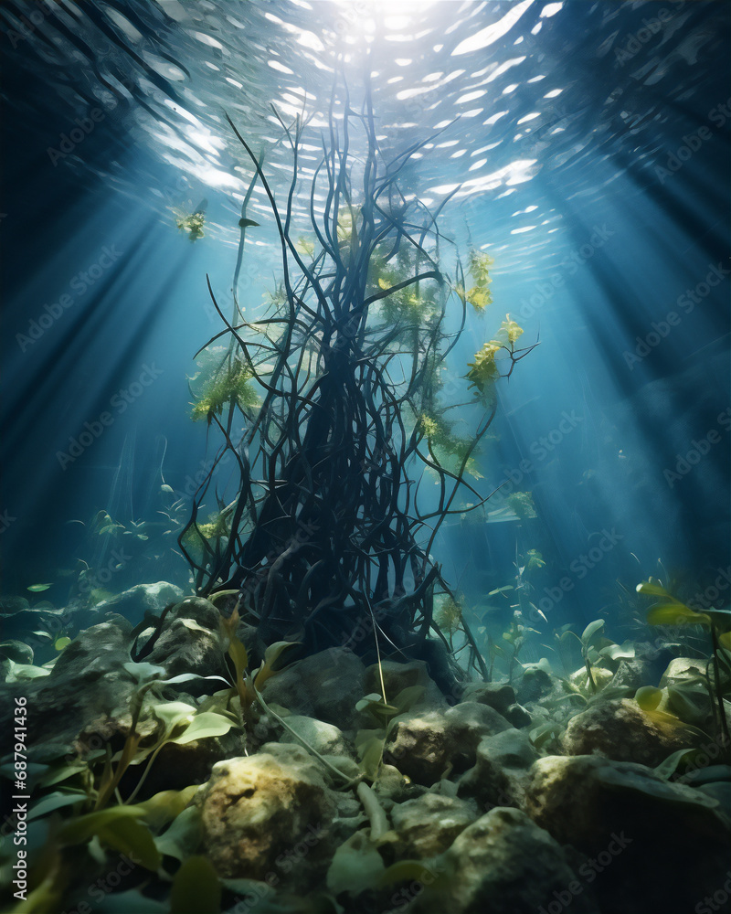 Swamp underwater scene with plant and fishes Stock Photo | Adobe Stock