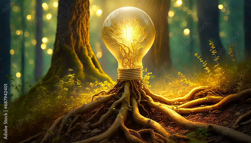 Old twisted roots coming out of the ground, transforming into a lit ...