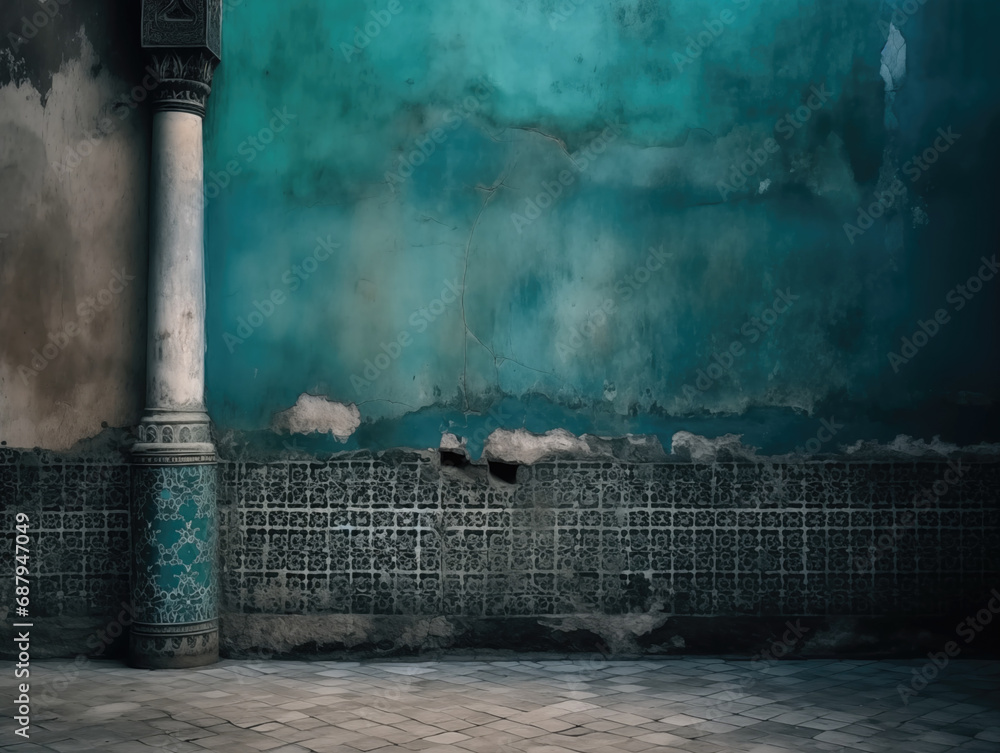 Old grunge wall with marble floor and columns. Empty Interior in ...