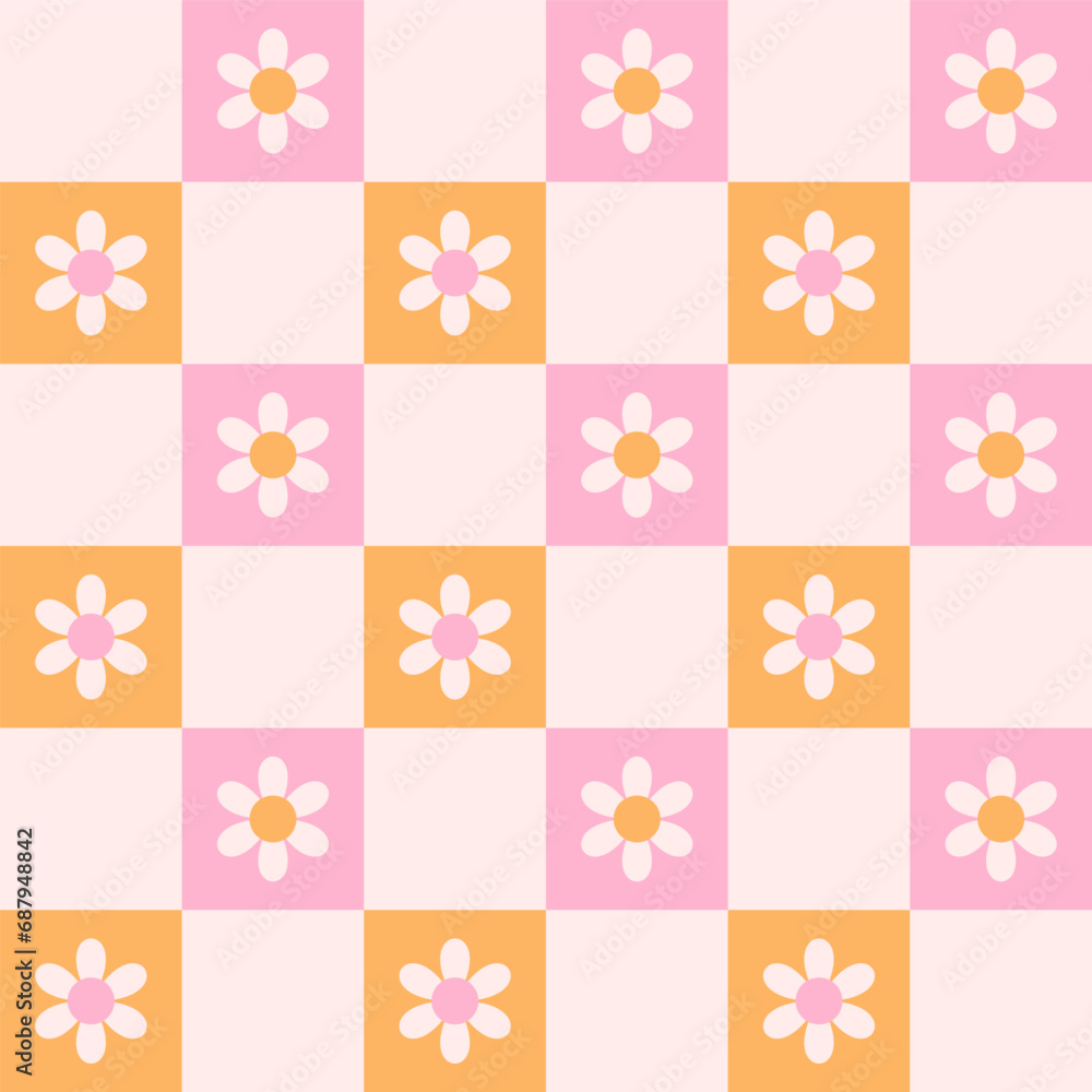 Retro checkerboard groovy seamless pattern with daisy flowers on a pink ...