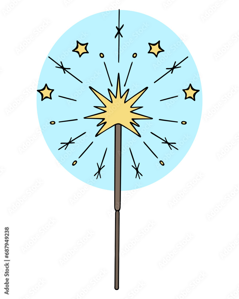 Sparkler. Blue glow. Color vector illustration. Cartoon style. Yellow ...