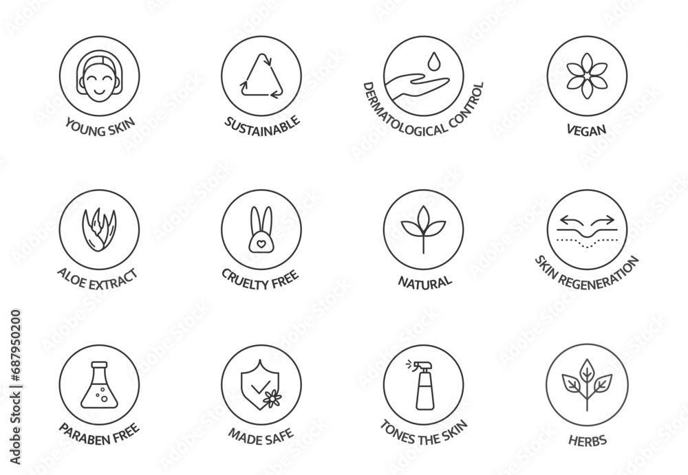 Organic cosmetic icon set. Natural product badges. Allergen free line icons. GMO free emblems ...