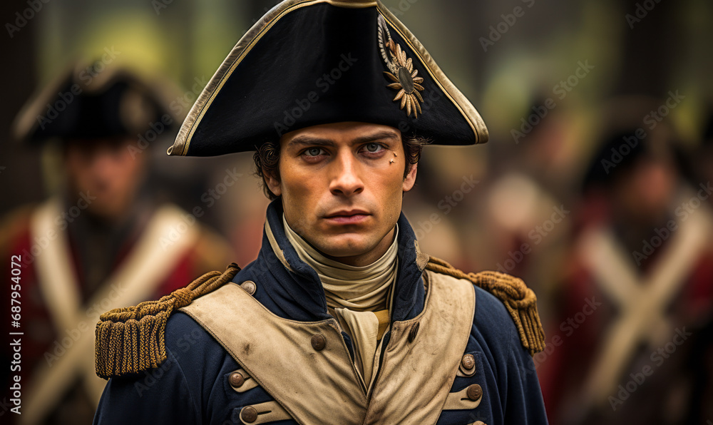 Solemn soldier in historical military uniform with regiment insignia ...