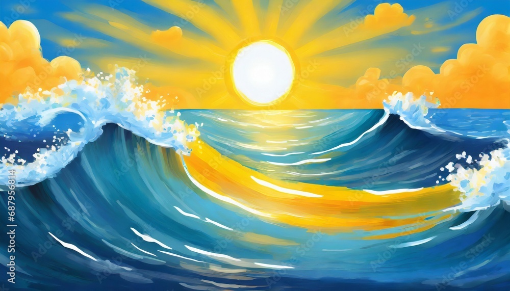 sun blue clouds happy waves splash sunny ocean wave yellow cartoon kids ...