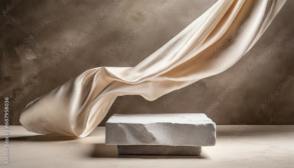 stone podium and satin fabric floating on beige concrete background ...