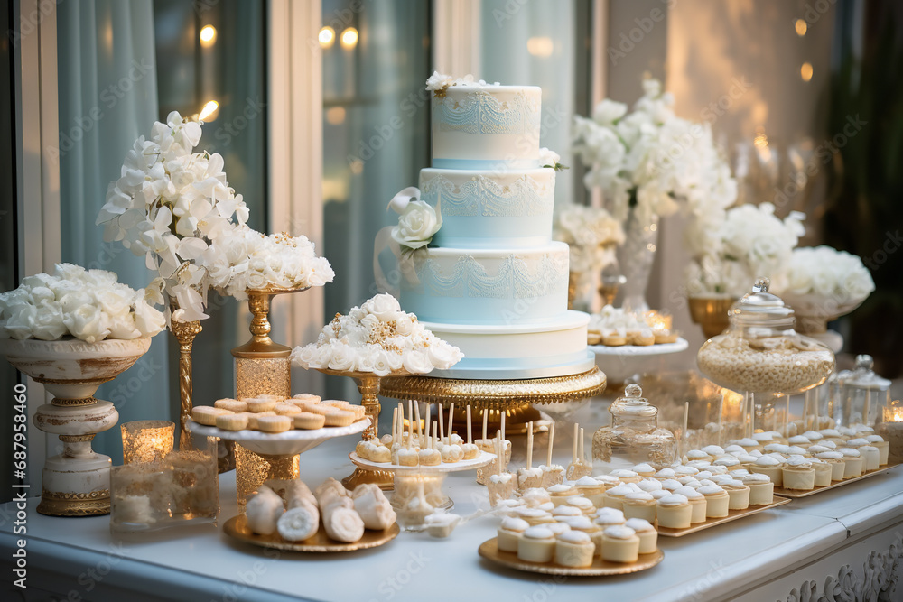 An elegant dessert table at a wedding, featuring lavish sweets and ...