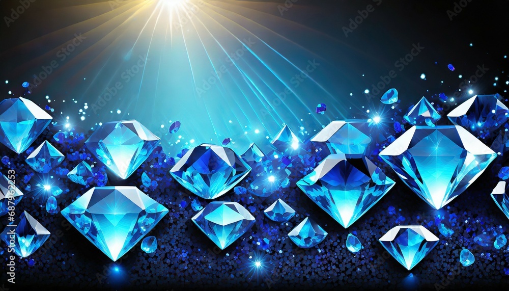 a bunch of blue diamonds on a black background with a bright light ...
