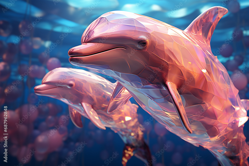 A digital artwork featuring a cubic dolphin pod, their graceful forms ...