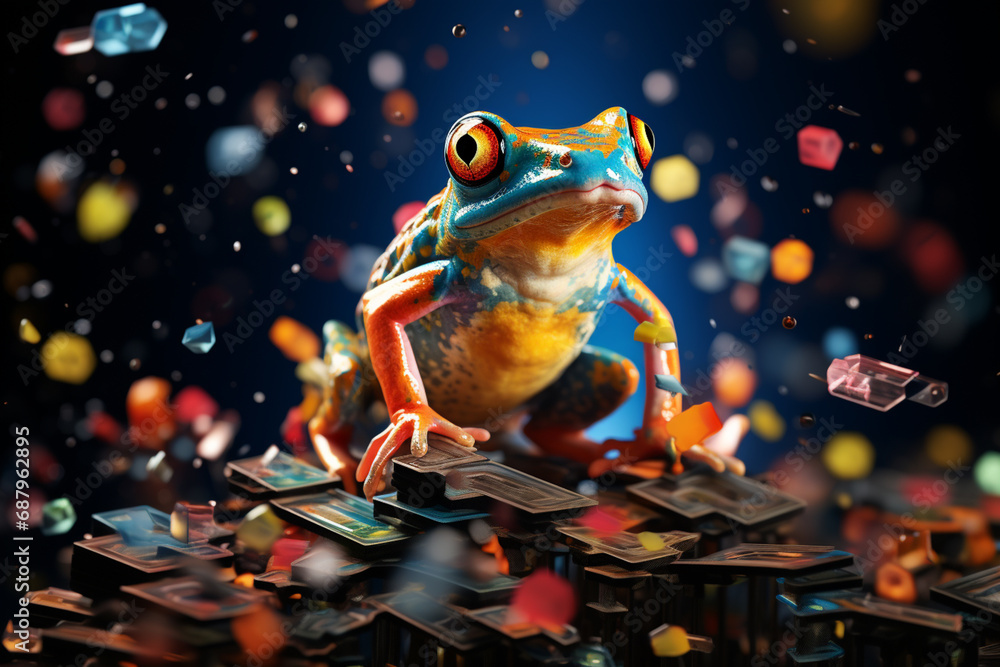 A dynamic illustration of a cubic frog, its leaping pose and amphibious ...