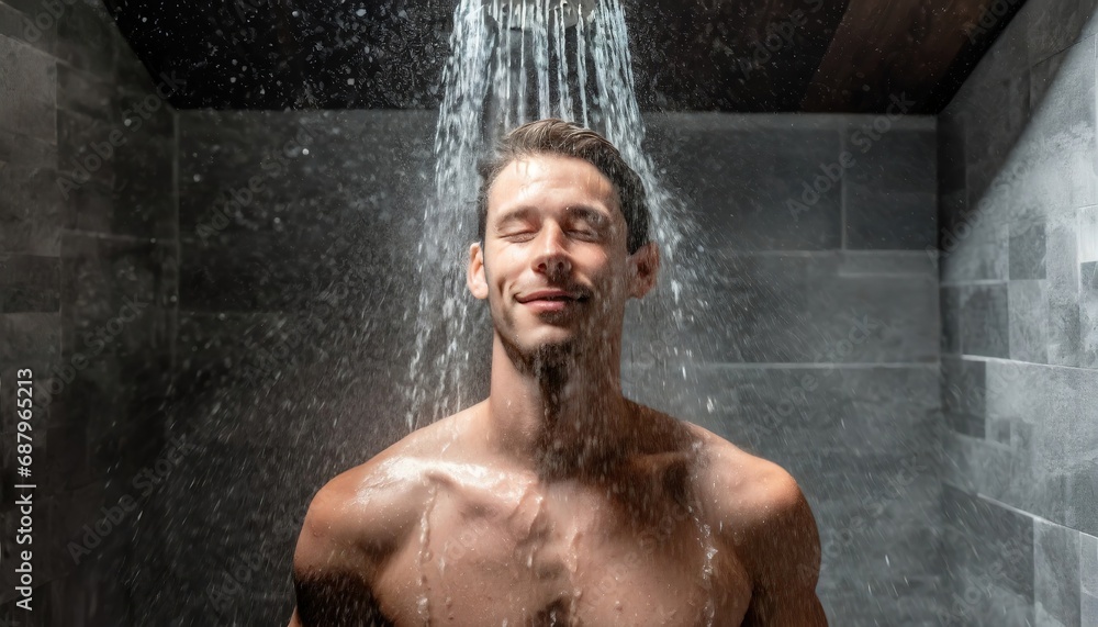 Cold water therapy young man standing under flow of an icy shower ...