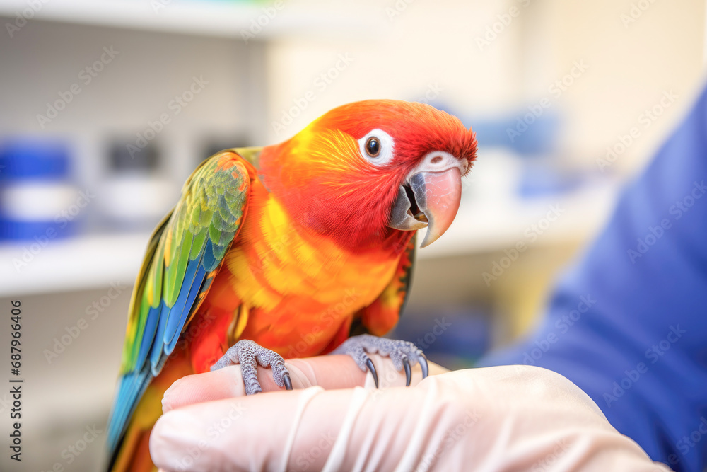 Exotic bird receiving care at a veterinary hospital, a female doctor in ...
