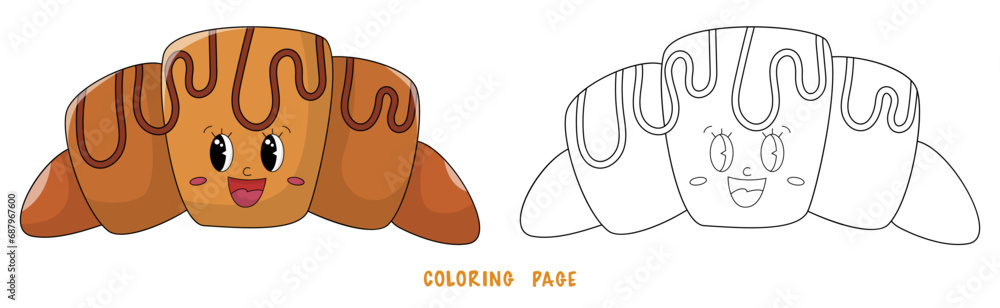 Coloring page of funky cute croissant for design element. Bright ...