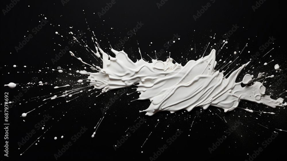 Trace de peinture fraîche blanche sur un fond noir uni. Tâches, gouttes ...