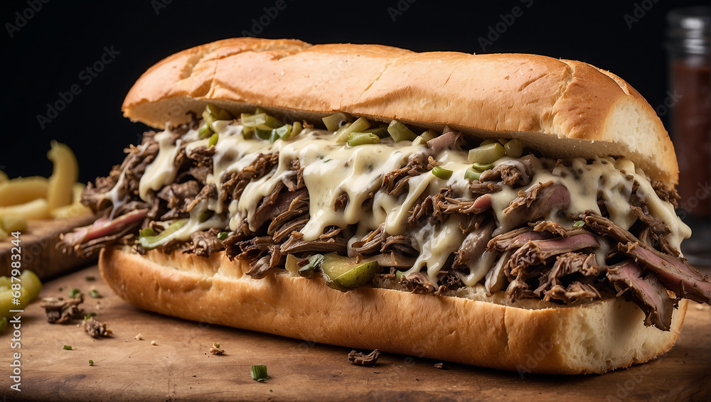 Delicious Philly cheesesteak with chopped ribeye steak with pickles ...