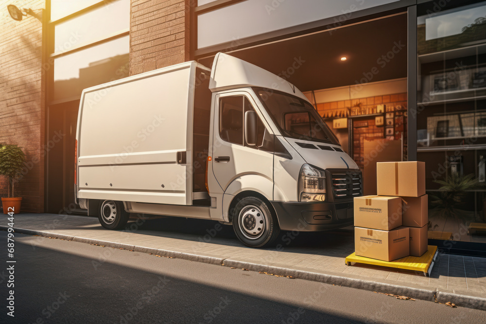 Outside of Logistics Warehouse with Open Door, Delivery Van Loaded with ...