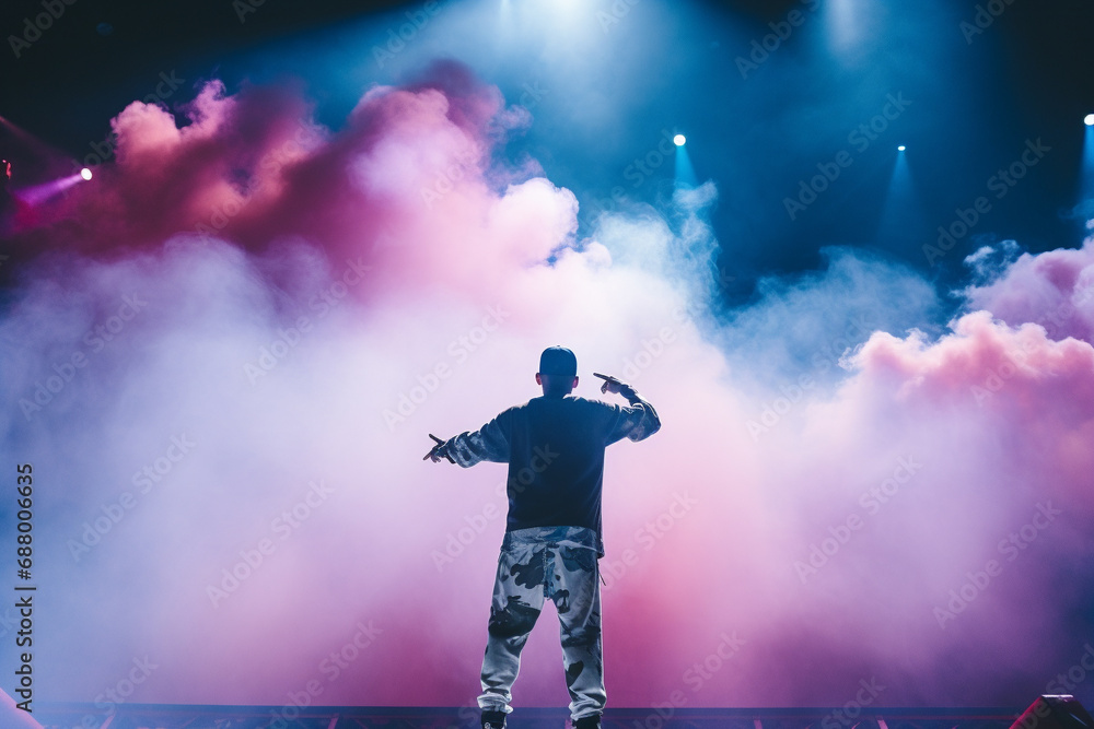 Artist rapper at a music concert on stage singing seen from the back ...