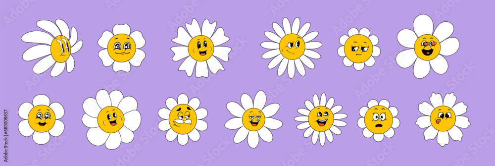 Cartoon daisy flowers. Flower retro face, smile happy chamomile characters. Cute kids floral ...