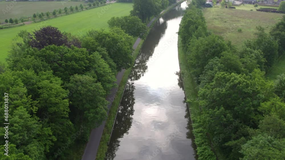 This image offers a tranquil aerial view of a canal gracefully carving ...