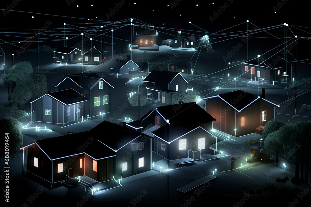 digital art image of a futuristic neighborhood with houses connected by ...