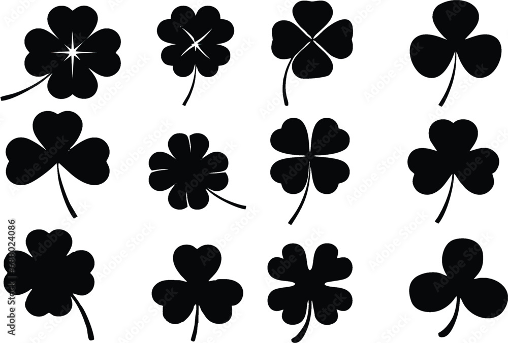 Set of multiple style three and four leaf clovers in editable vector ...