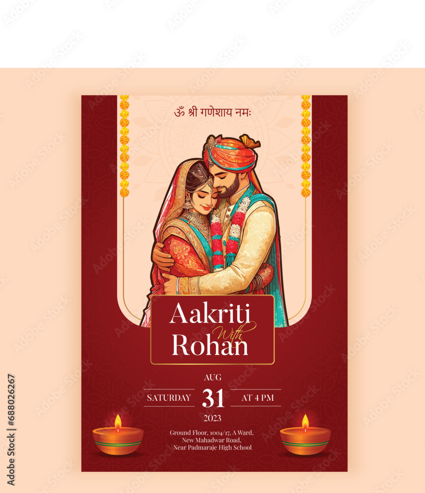 Traditional Royal Wedding Invitation card design with Bride and Groom ...