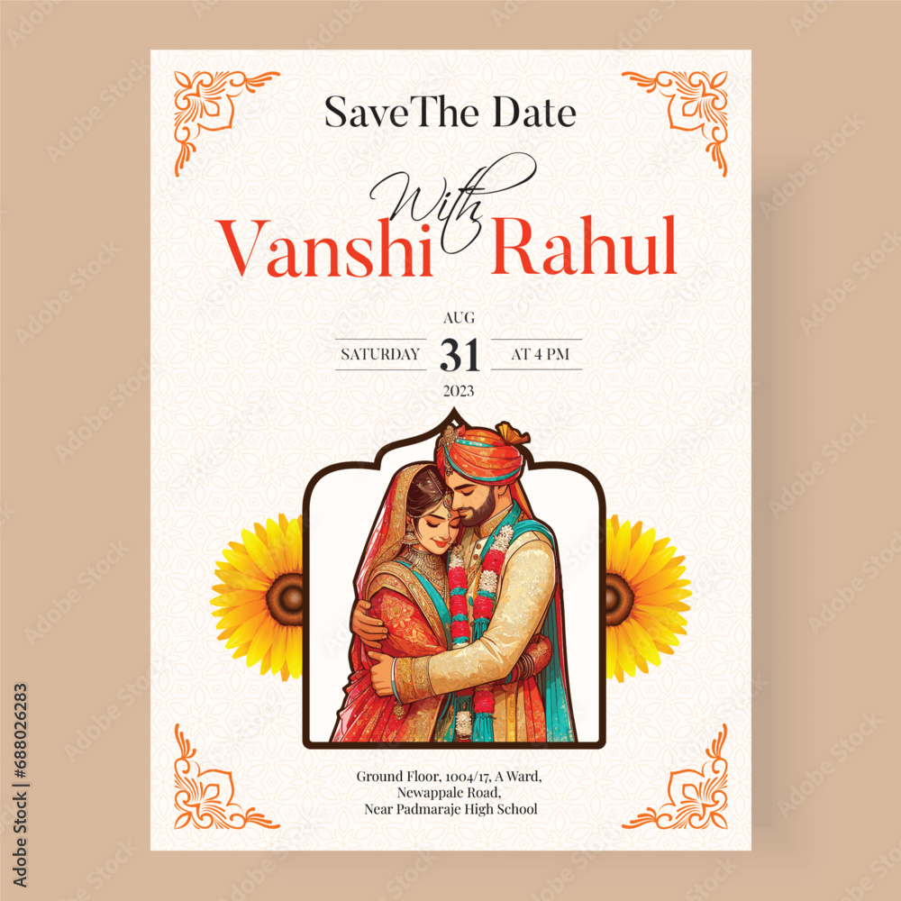 Traditional Royal Wedding Invitation card design with Bride and Groom ...