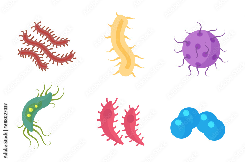 Bacteria and germs colorful set, micro-organisms disease-causing ...