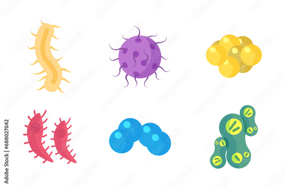 Bacteria and germs colorful set, micro-organisms disease-causing ...