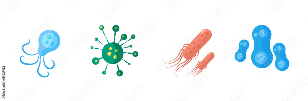 Bacteria and germs colorful set, micro-organisms disease-causing ...