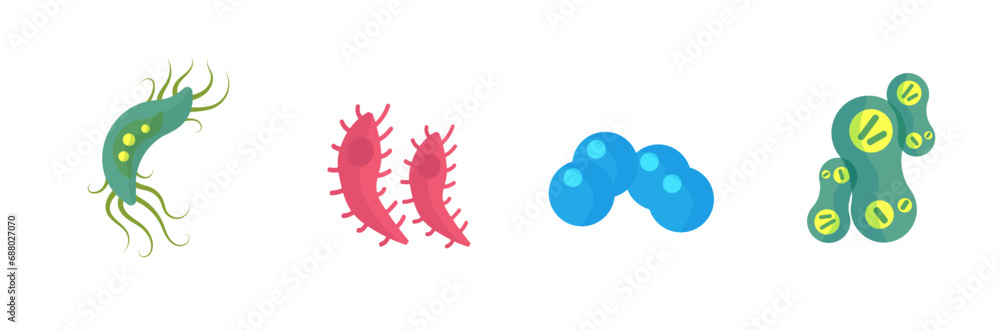 Bacteria and germs colorful set, micro-organisms disease-causing ...
