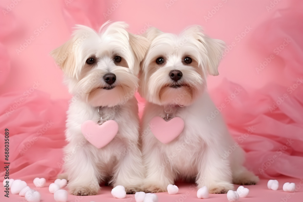Cute couple dog posing in love on pastel background. Happy Valentine's ...
