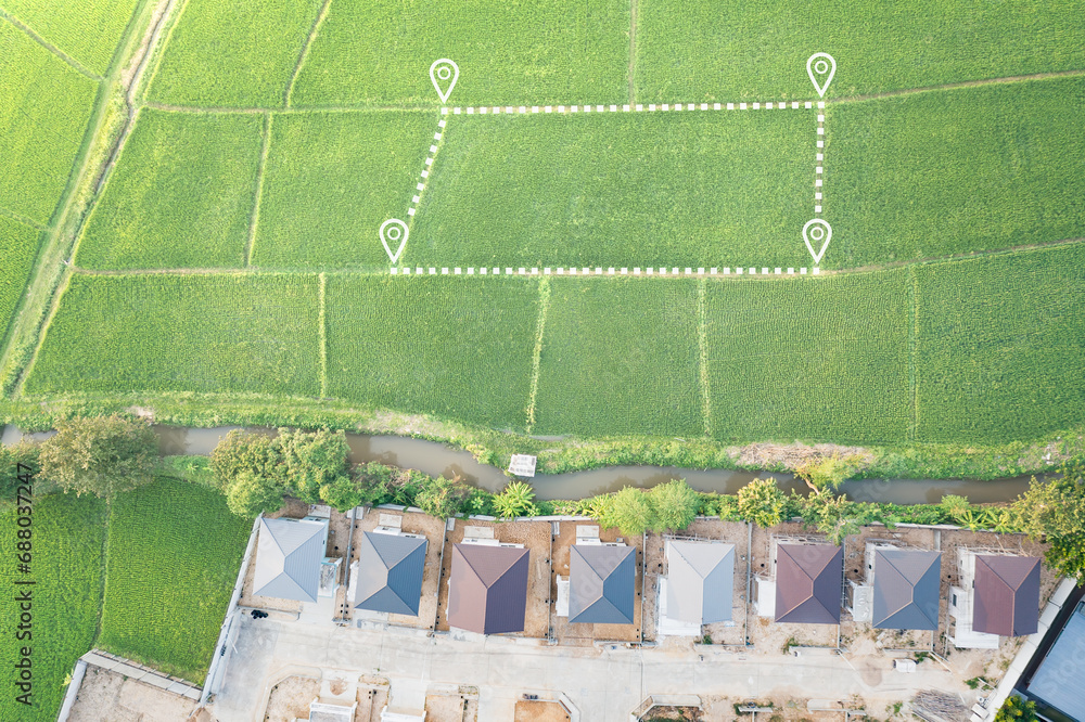 Land plot in aerial view. Identify registration symbol of vacant area ...