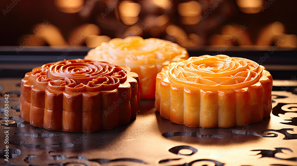 Beautiful Chinese palace cakes mooncakes on wooden table with ancient ...