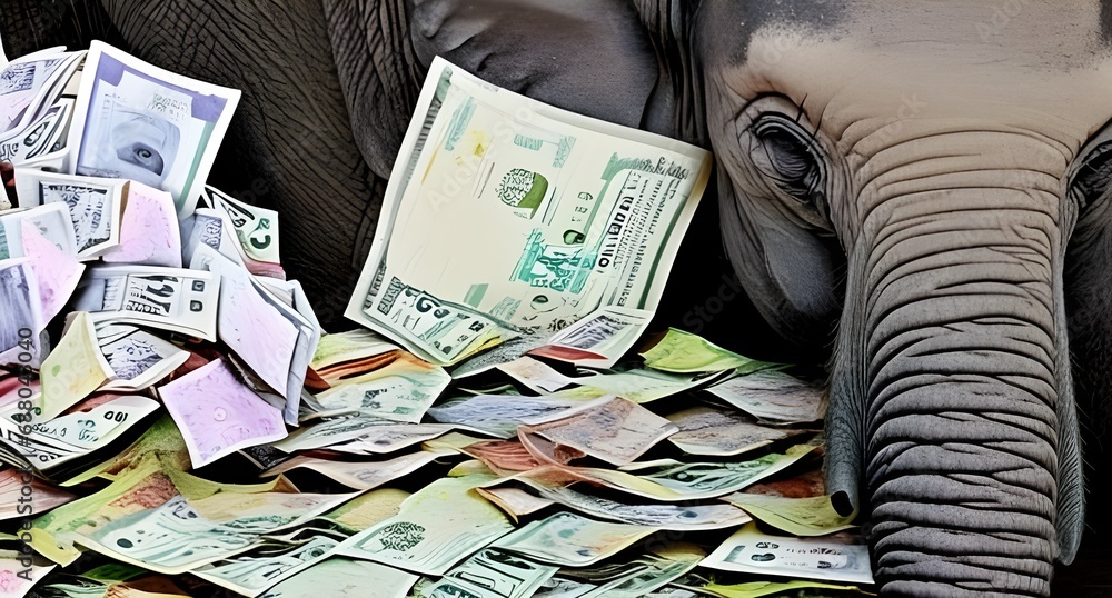 Generative AI of an elephant with stacks of paper cash money Stock ...