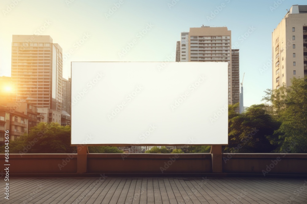 An empty huge poster mockup on the roof of a mall; white template ...