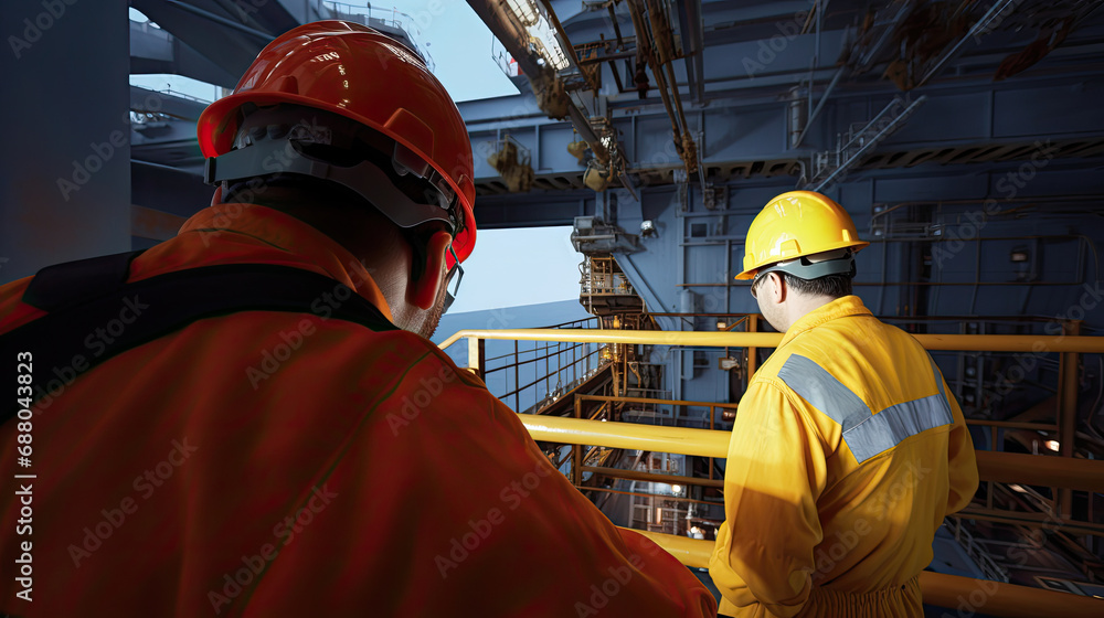 back view of offshore oil workers wearing safety suits and around them ...