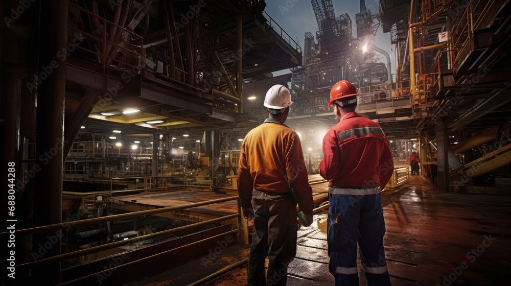 back view of offshore oil workers wearing safety suits and around them ...