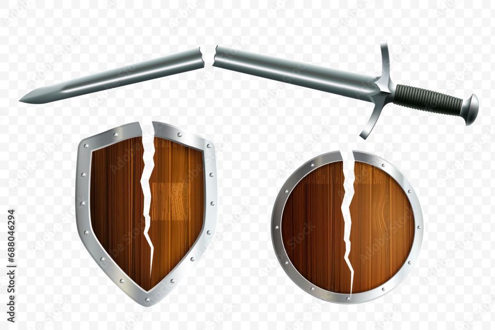 Broken sword and shields with cracks. Template isolated on a ...