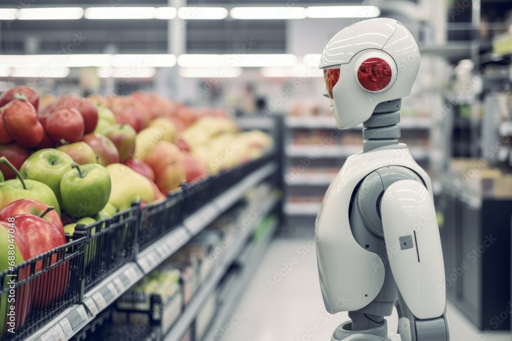 Robot cashier working at a grocery store. products at supermarket on ...