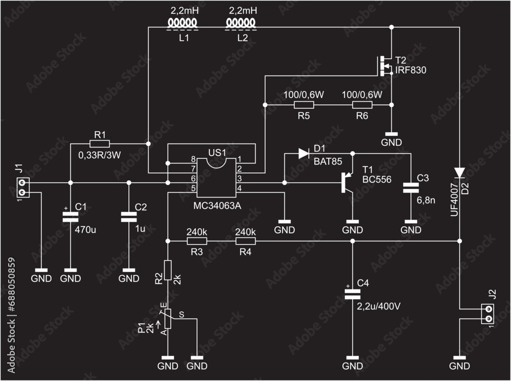 Circuit with electronic components (transistor, resistor, diode ...