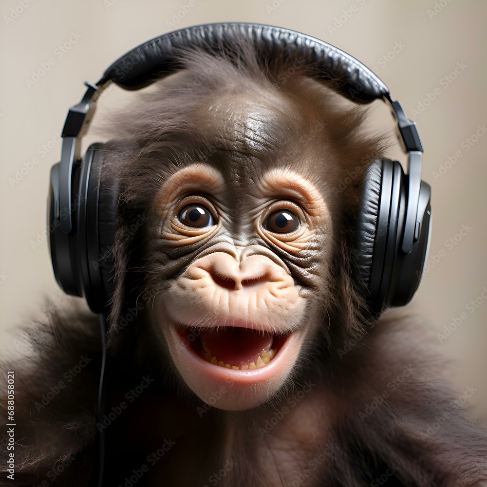 Cute and happy little monkey in headphones looks into the frame on a ...