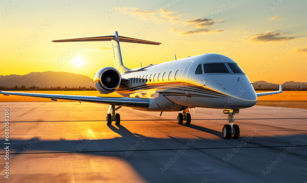Luxurious private jet aircraft parked on airport runway bathed in the ...