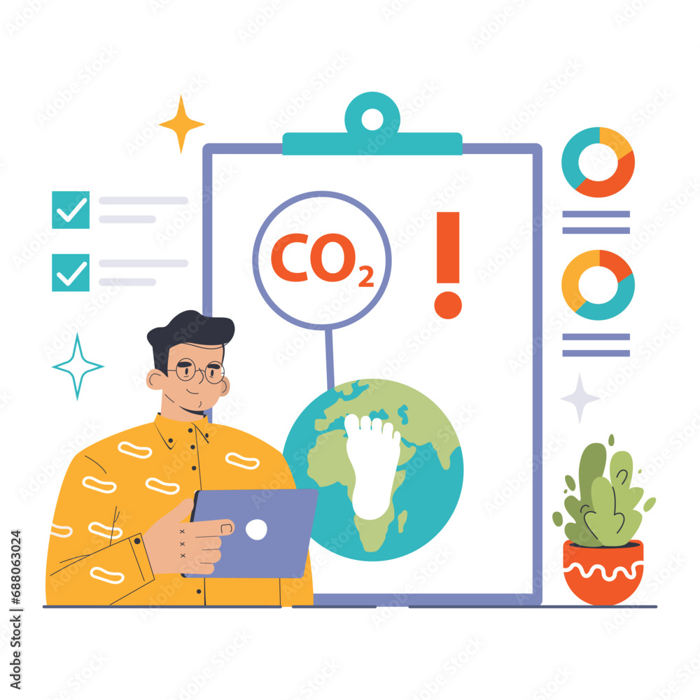 Carbon Footprint Awareness concept. Analyst with tablet calculates ...