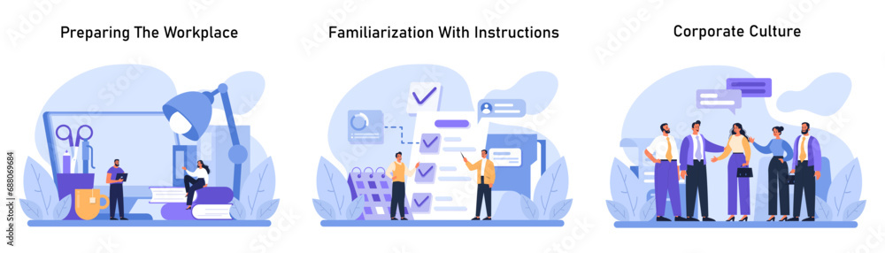 Office integration set. Employees organize a workspace, learn ...