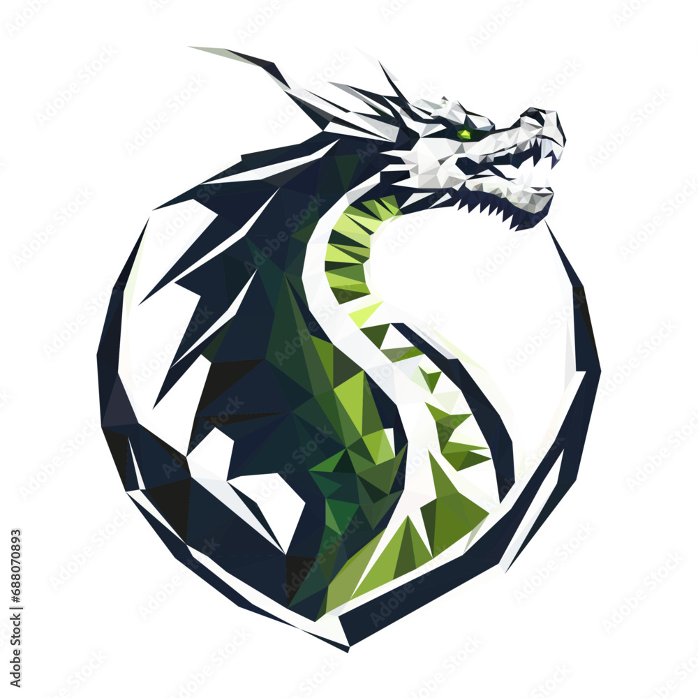 A colorful low-poly vector flying dragon. A green polygonal dragon. The ...