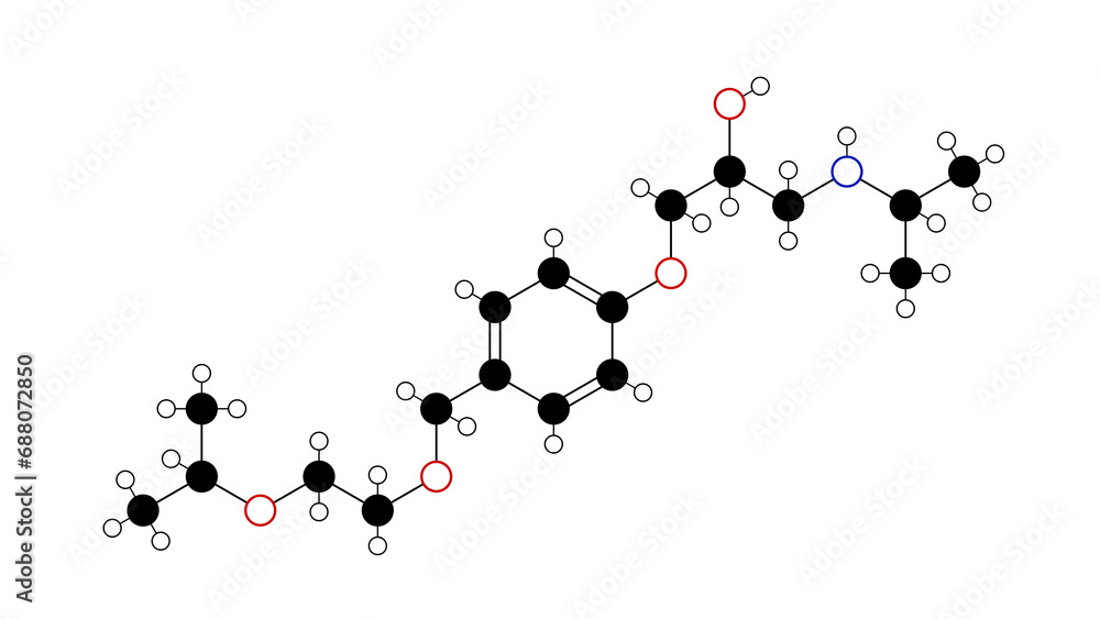 bisoprolol molecule, structural chemical formula, ball-and-stick model ...