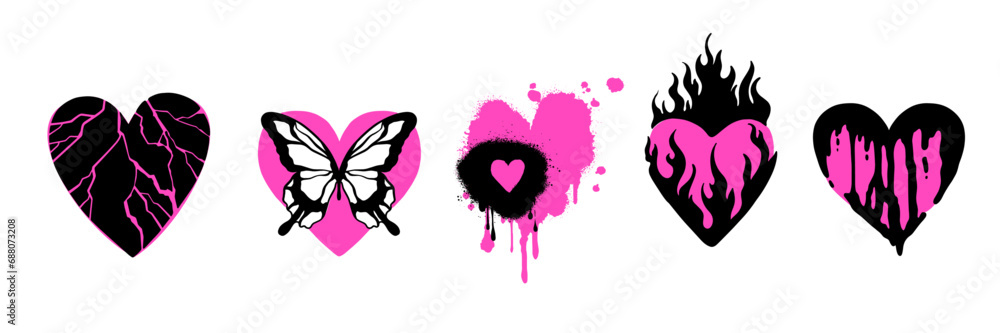 Emo heart tattoo set, vector flame gothic love sticker, y2k Valentine’s ...