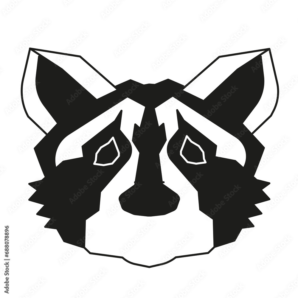 Black and white print or logo with an abstract vector of a raccoon head ...